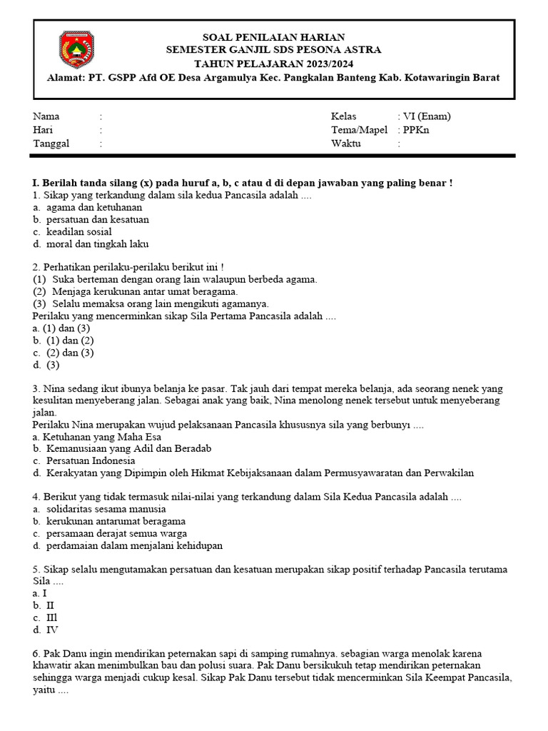 SOAL PH PPKN TEMA 1 KELAS 6 TAHUN 2023 | PDF