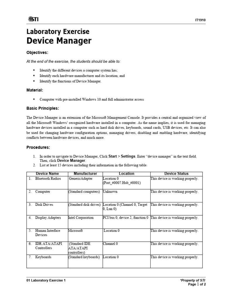 Device Manager Lab Exercise Guide | PDF | Device Driver | Computer Hardware
