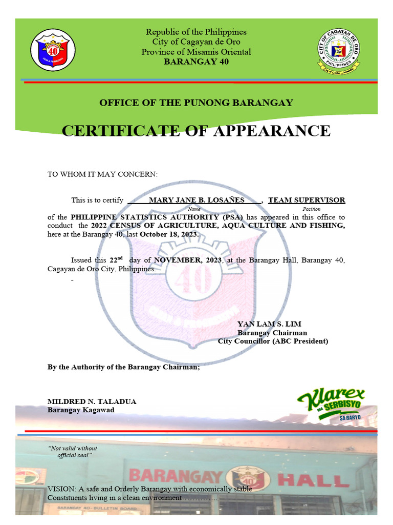 Certificate of Appearance 2023 Psa | PDF | Philippines | Social Programs
