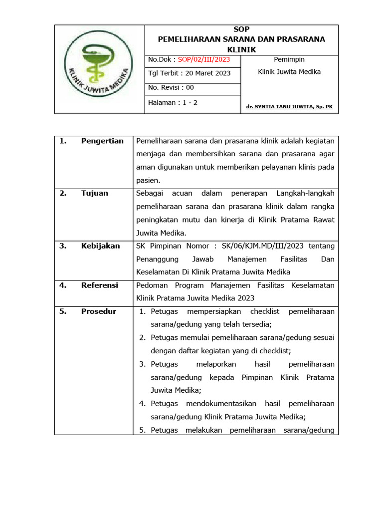 Sop Pemeliharaan Sarana Dan Prasarana Klinik | PDF