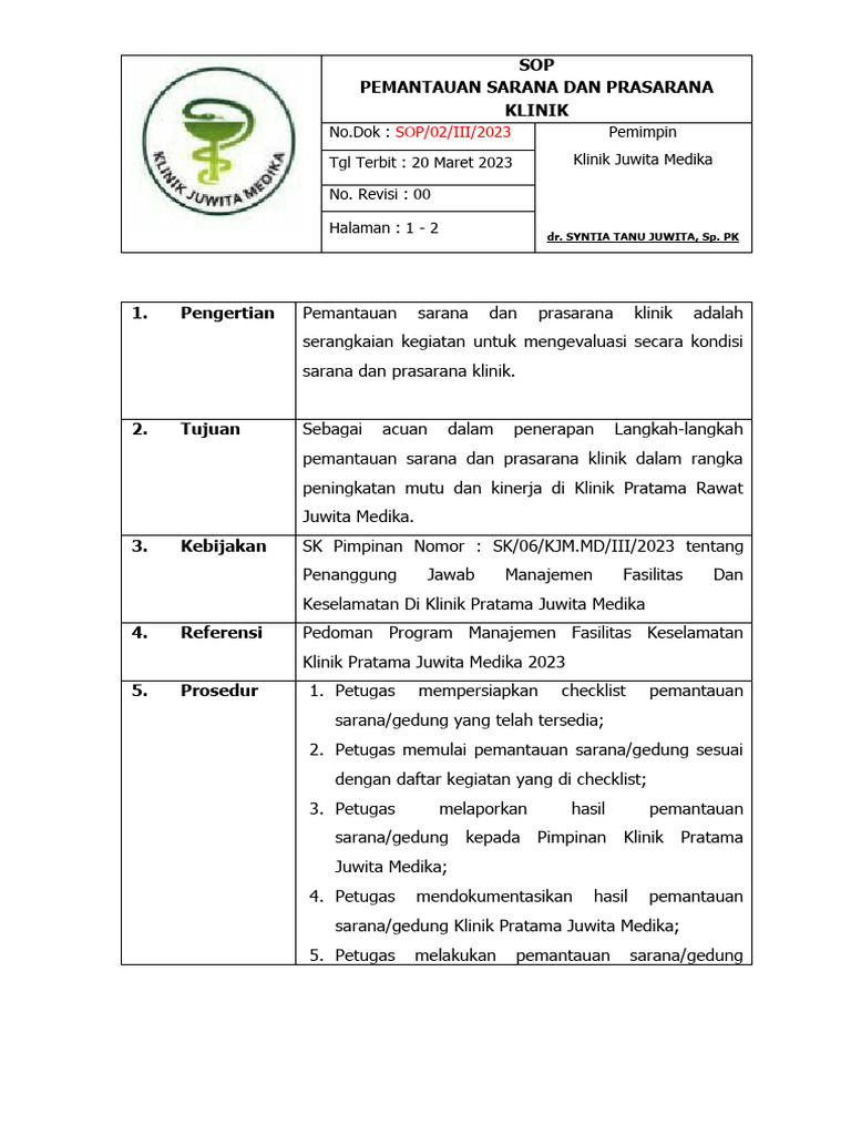 Sop Pemantauan Sarana Dan Prasarana Klinik | PDF