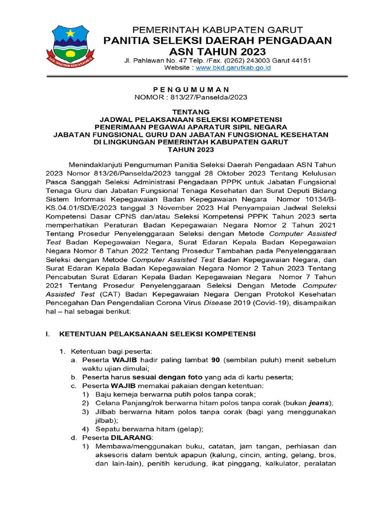 Pengumuman Jadwal Pelaksanaan Seleksi PPPK Guru & Nakes 2023 | PDF