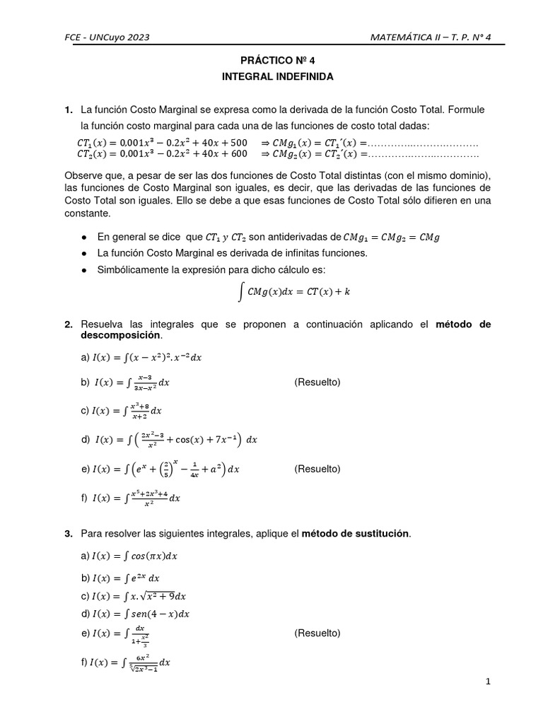 TP 4 - INTEGRALES INDEFINIDAS (Enunciados) - 2023 | PDF | Integral | Cálculo