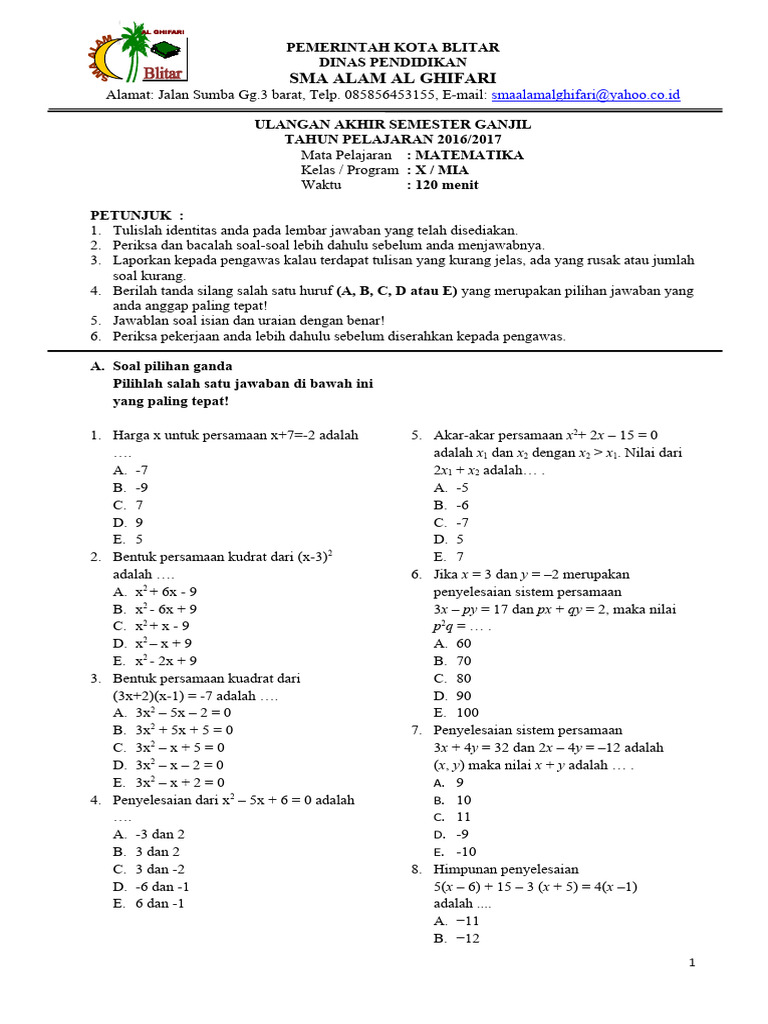 UAS MAT Kls X-SMT 1 | PDF