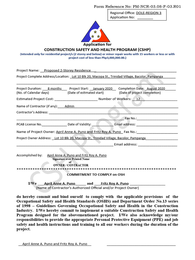 Simplified CSHP Application Form | PDF | Occupational Safety And Health ...
