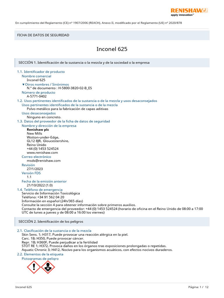 H-5800-3820-02-B ES Inconel 625 Ficha de Datos de Seguridad | PDF | Agua | Toxicidad