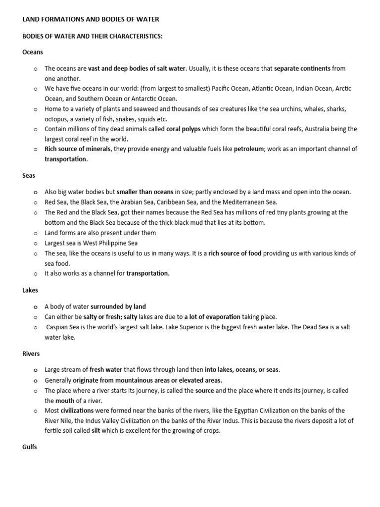 Land Formations and Bodies of Water | PDF | Sea | Desert