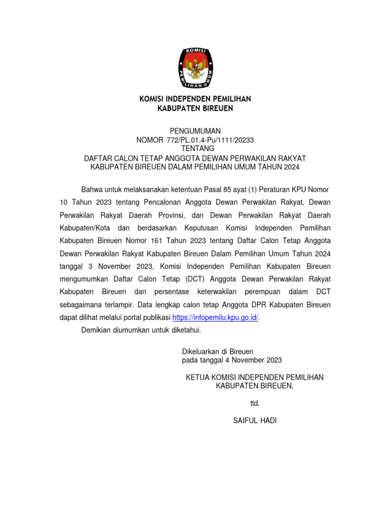 Daftar Caleg DPRK Bireuen Pada Pemilu Tahun 2024 | PDF