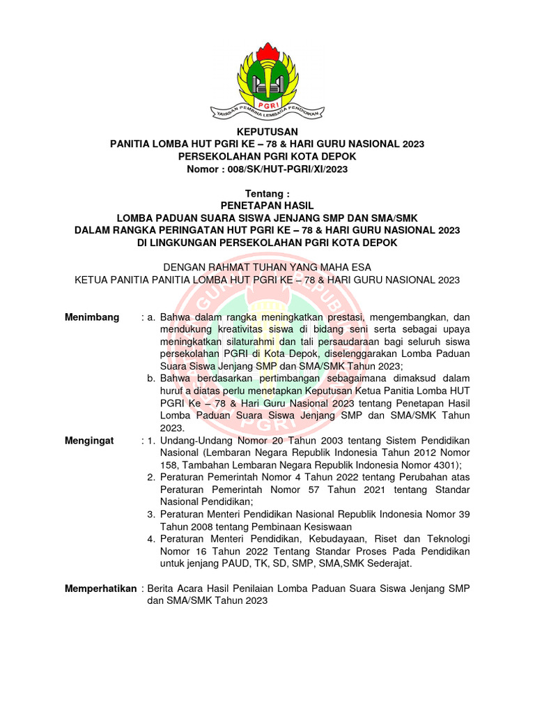 Revisi Keputusan Pemenang Lomba Paduan Suara | PDF Revisi Keputusan Pemenang Lomba Paduan Suara | PDF