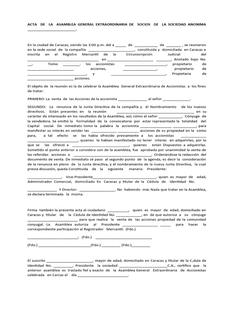 Acta de Asamblea Extraordinaria de Accionistas | PDF | Gobierno