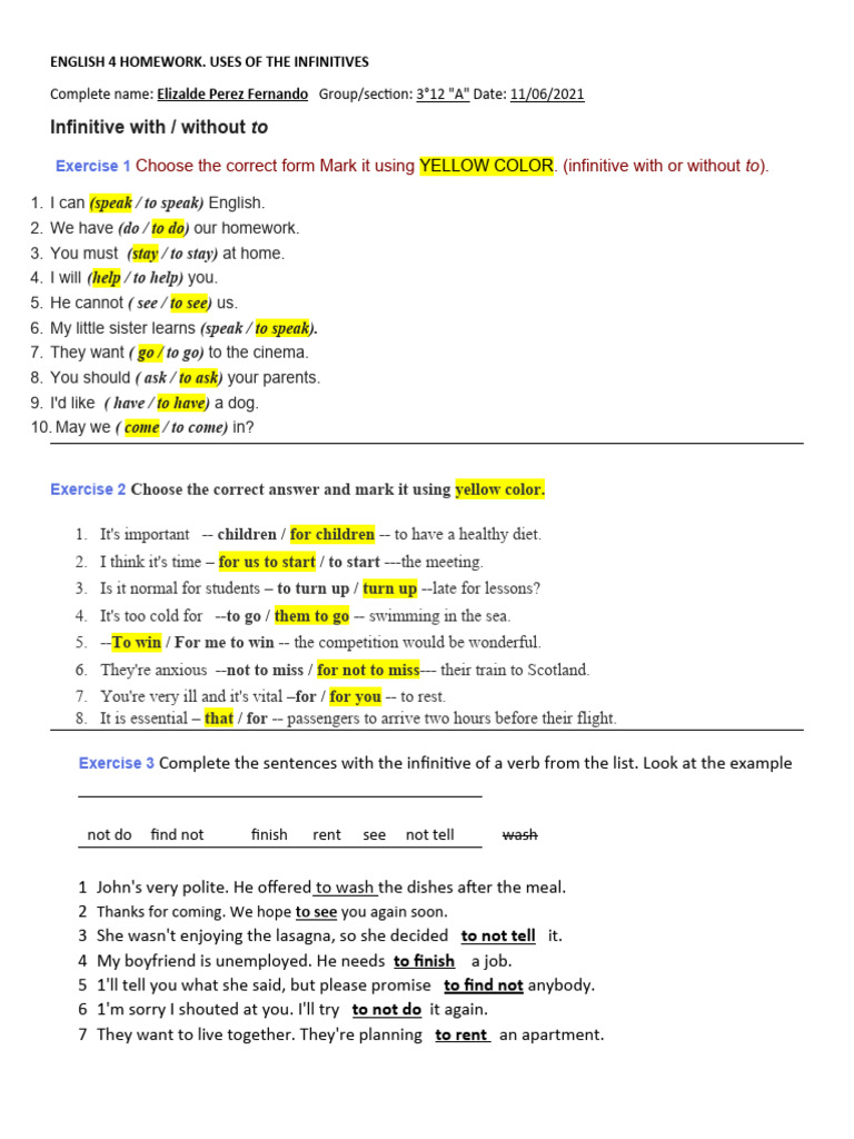 Infinitives Worksheet for Class 7 | PDF | Verb | Grammar