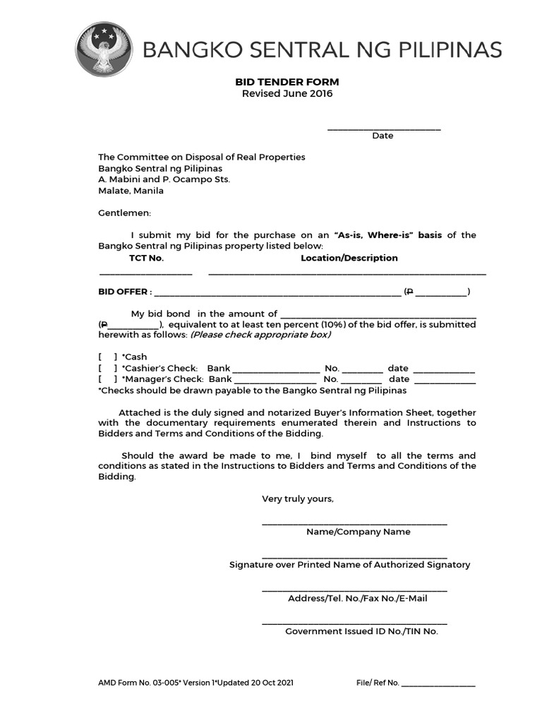 BID TENDER FORM - The Committee On Disposal of Real Properties | PDF ...