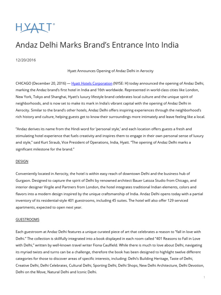 Andaz Delhi Marks Brands Entrance Into India | PDF