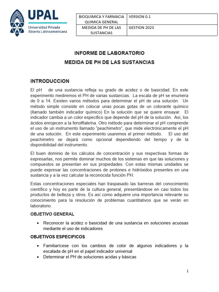 Informe de Laboratorio Medida de PH | PDF | Ph | Ácido
