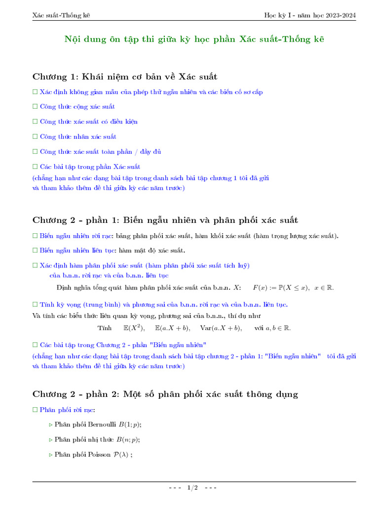 XSTK-Nội-dung-ôn-thi-giữa-kỳ-2023-2024-hk1 | PDF