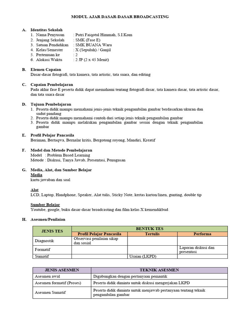 2324 - Modul Ajar Teknik Pengambilan Gambar Pertemuan 2 - SBF - Putri Faiqotul Himmah | PDF