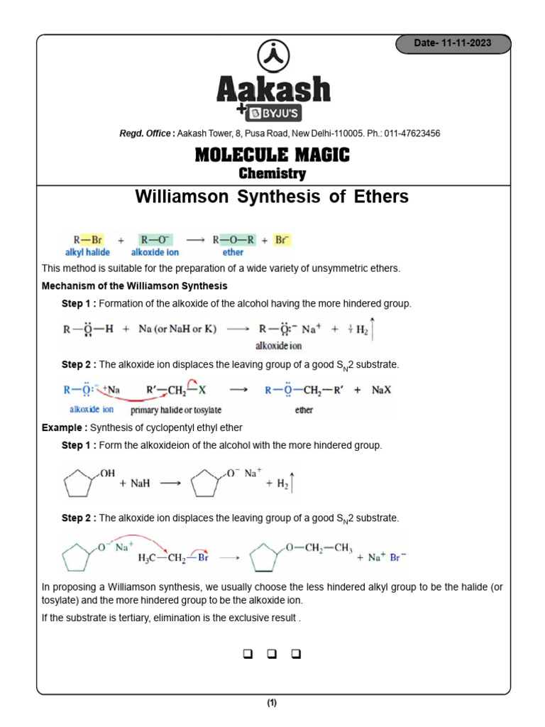 Williamson Synthesis of Ethers | PDF