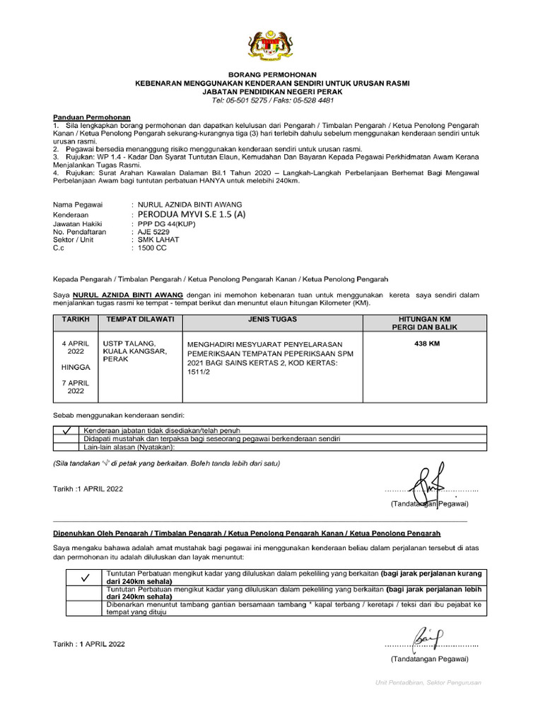 SPM 2021 Borang Bawa Kenderaan Sendiri | PDF
