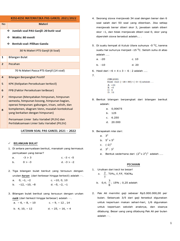 7 MTK - Latihan PAS Ganjil 2122 | PDF