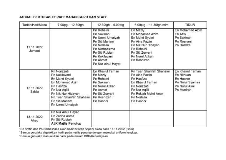 Jadual Bertugas Perkhemahan Guru Dan Staff | PDF