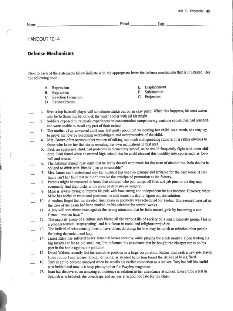 Defense Mechanism Practice | PDF