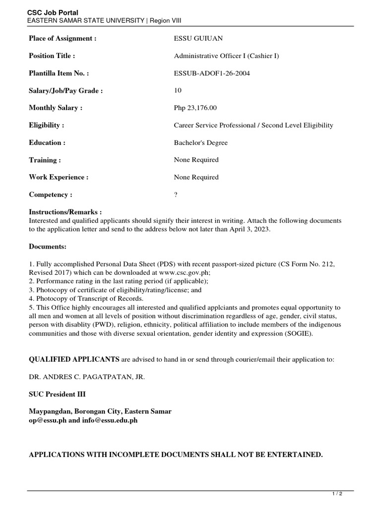 EASTERN SAMAR STATE UNIVERSITY-Administrative Officer I Cashier I | PDF ...