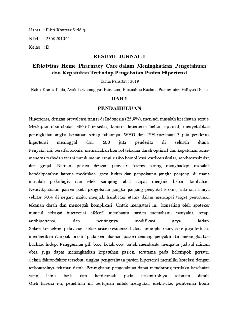 Resume Jurnal 1 Efektivitas Home Pharmacy Care Dalam Meningkatkan Pengetahuan Dan Kepatuhan ...