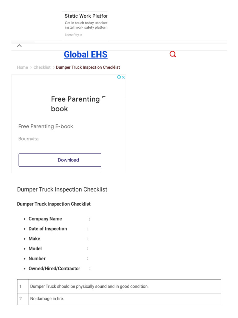 Dumper Truck Inspection Checklist | PDF | Truck | Manufactured Goods