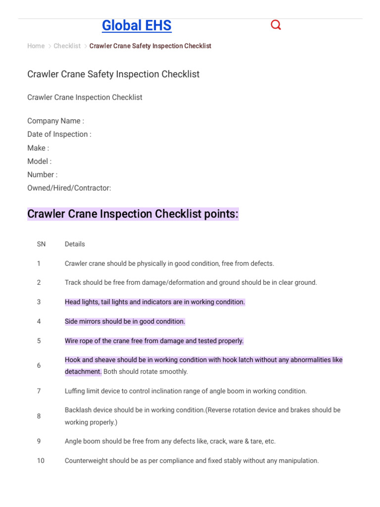 Crawler Crane Inspection Checklist | Download Free PDF | Crane (Machine) | Manufactured Goods