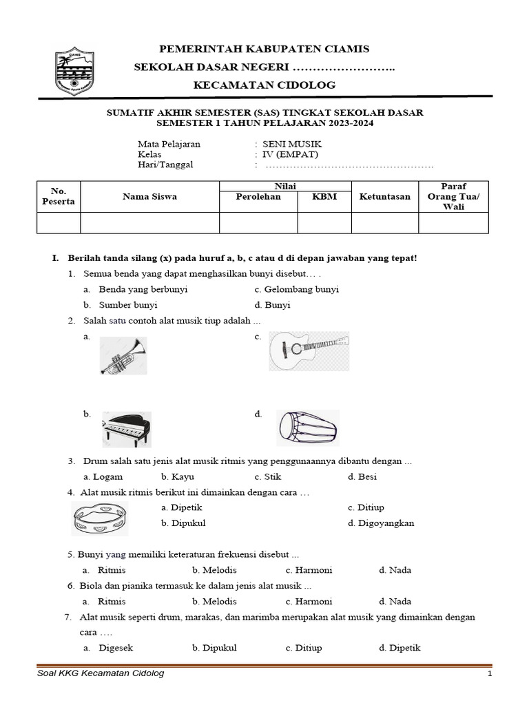 Soal Seni Musik SD Kelas 4 Cidolog | PDF