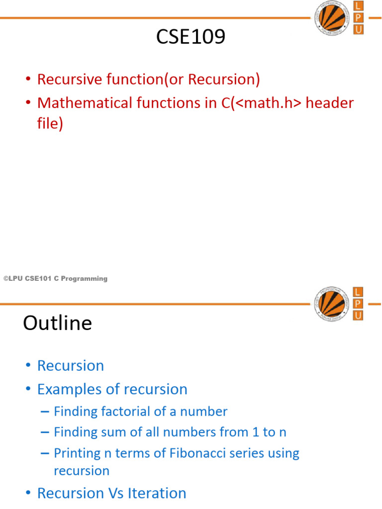 Lecture Recursion And Mathematical Functions In C Pdf Parameter Computer Programming