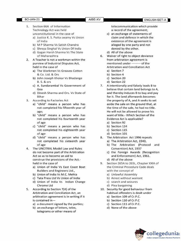 AIBE 15 Question Paper Set A | PDF