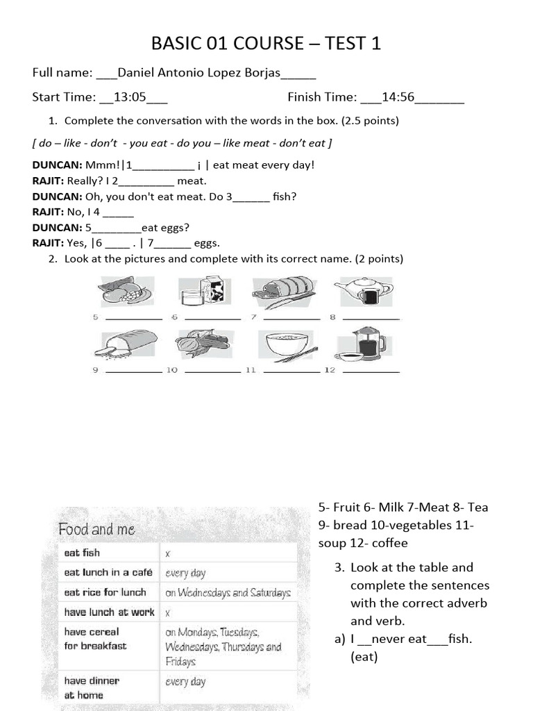 Basic 01 Test 1 Unit 3 | PDF | Meal | Lunch