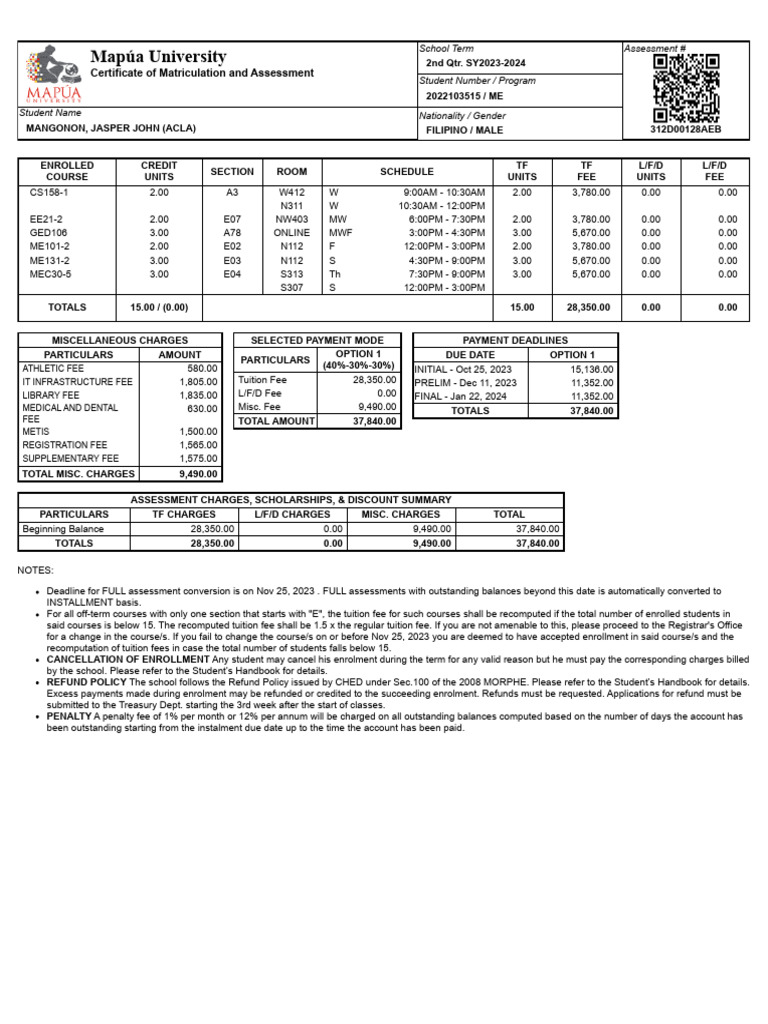 MyMapúa ECM | PDF | Fee | Payments