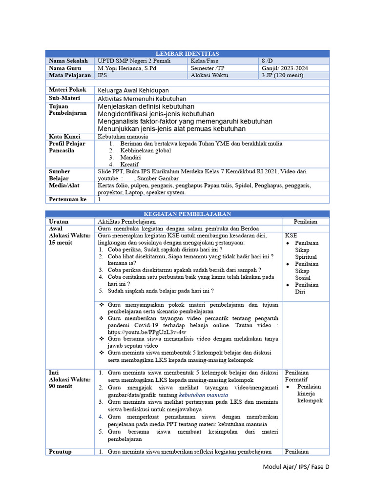 Model Modul Ajar Kebutuhan Hidup | PDF