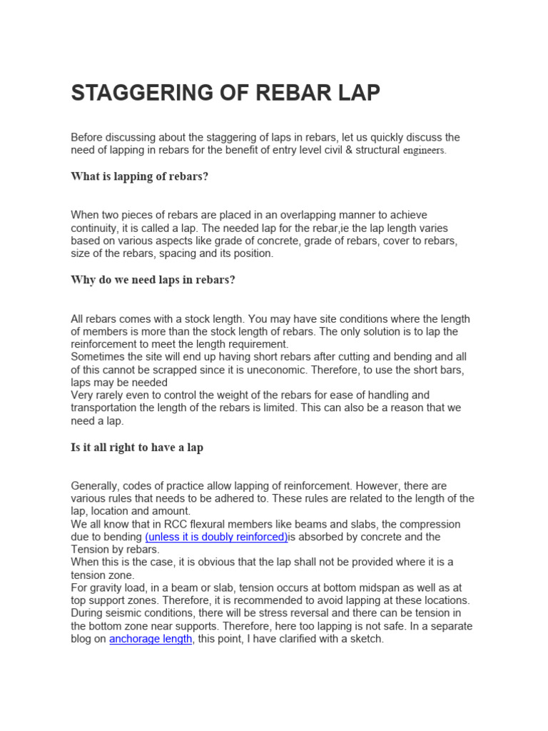 Staggering of Rebar Lap | PDF | Beam (Structure) | Bending