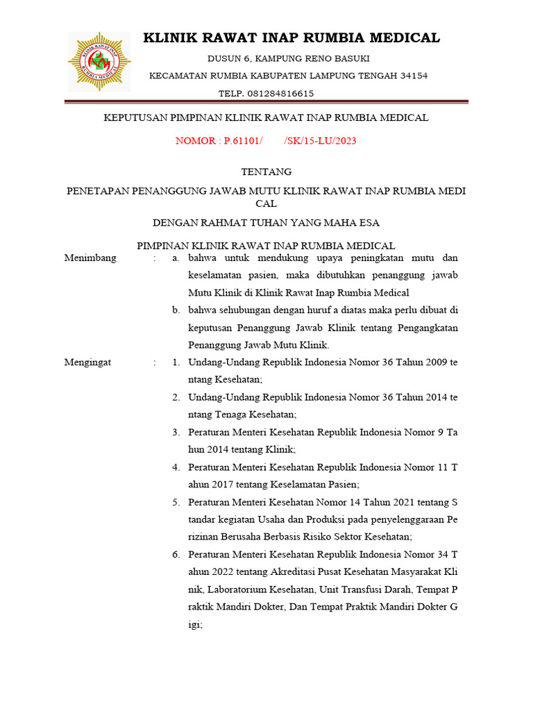 Sk Penanggung Jawab Tim Mutu Klinik Pdf