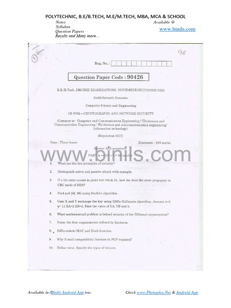 CS 8792 Cryptography and Network Security Old Question Paper | PDF CS 8792 Cryptography and Network Security Old Question Paper | PDF