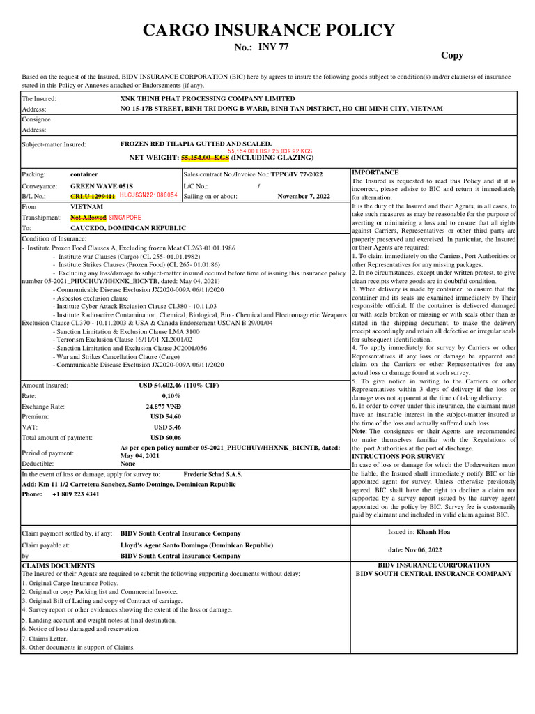 Giay Chung Nhan Bao Hiem | PDF | Insurance | Business Law