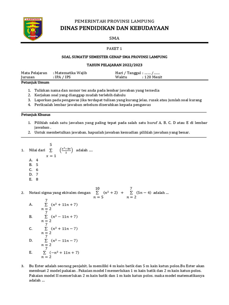 1.1 Naskah Soal Paket 1 Pat MTK Wajib Kelas Xi K 13 | PDF