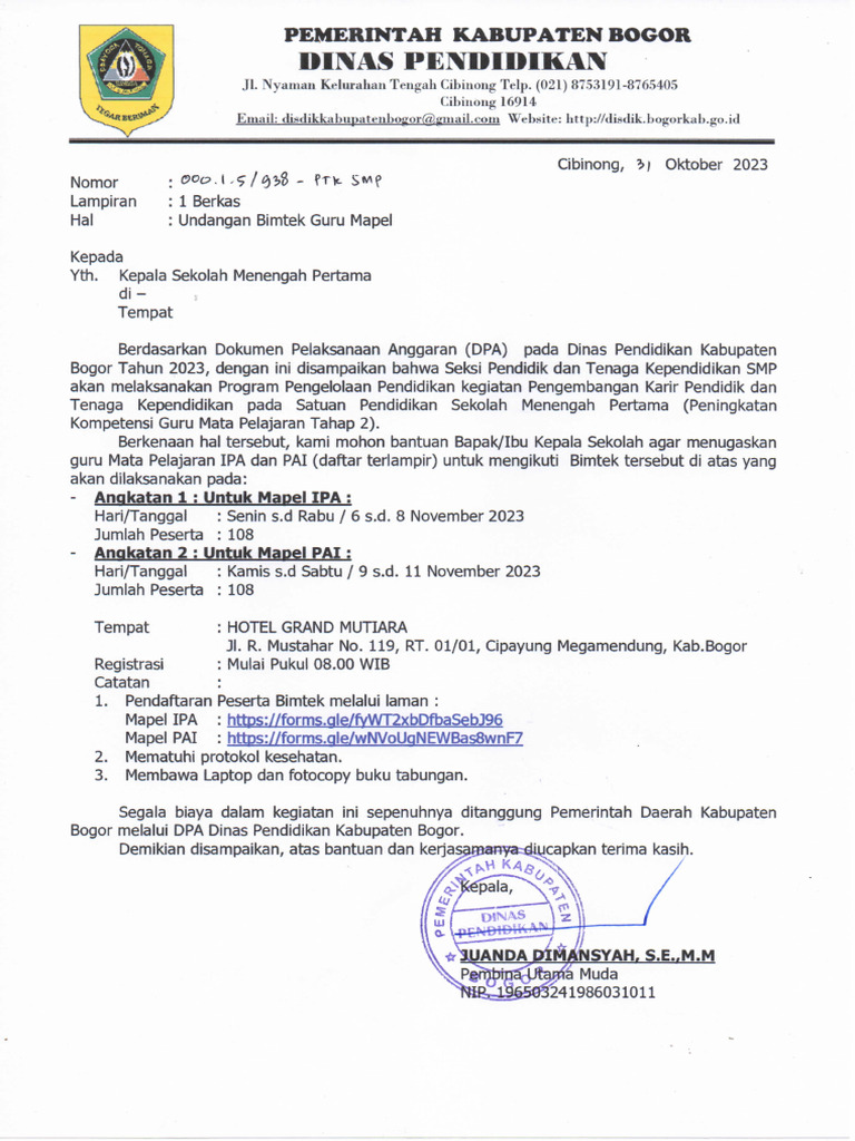 Surat Undangan Peserta Bimtek Mapel Tahap 2 | PDF