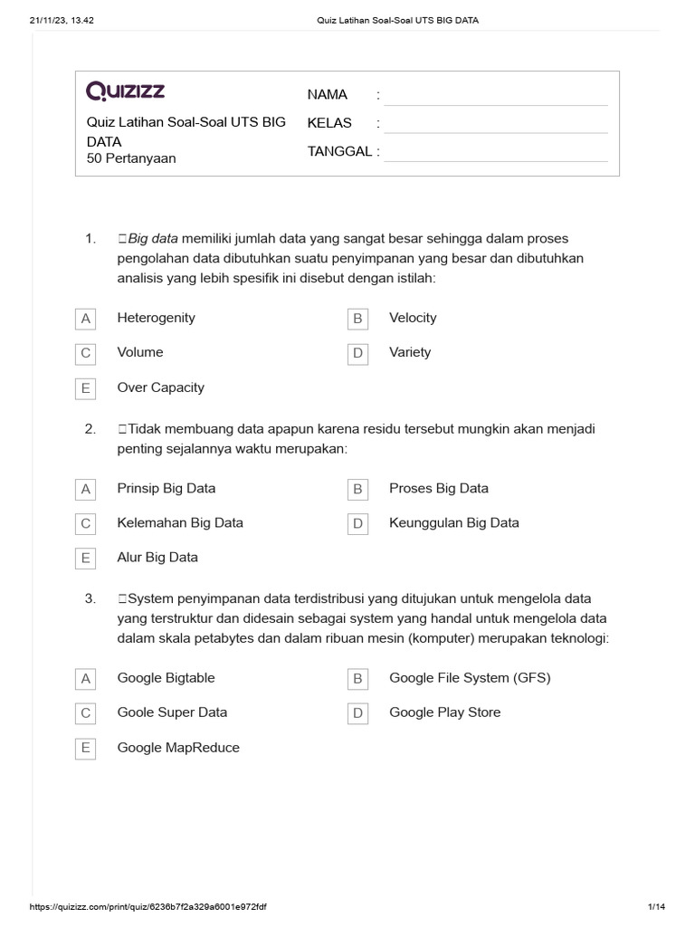 Quiz Latihan Soal-Soal UTS BIG DATA | PDF