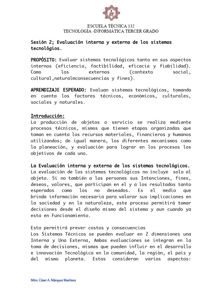 Evaluación Interna y Extrerna de Los Sistemas Tecnológicos. | PDF | Evaluación | Diseño