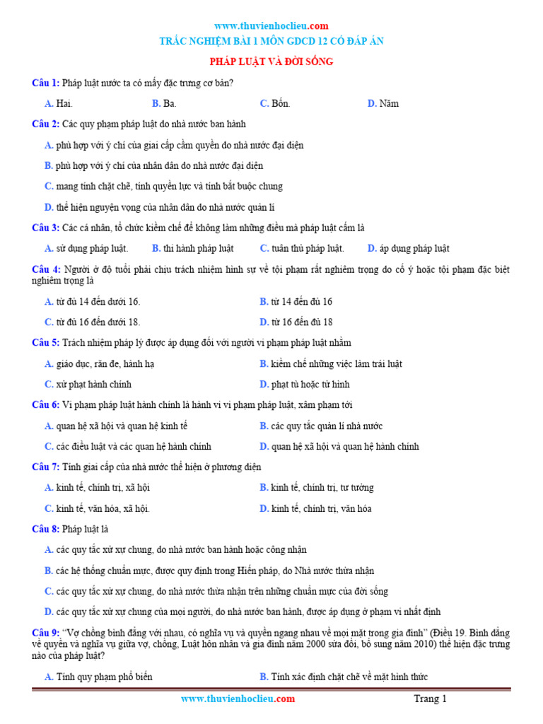 Trac Nghiem GDCD 12 Bai 1 | PDF