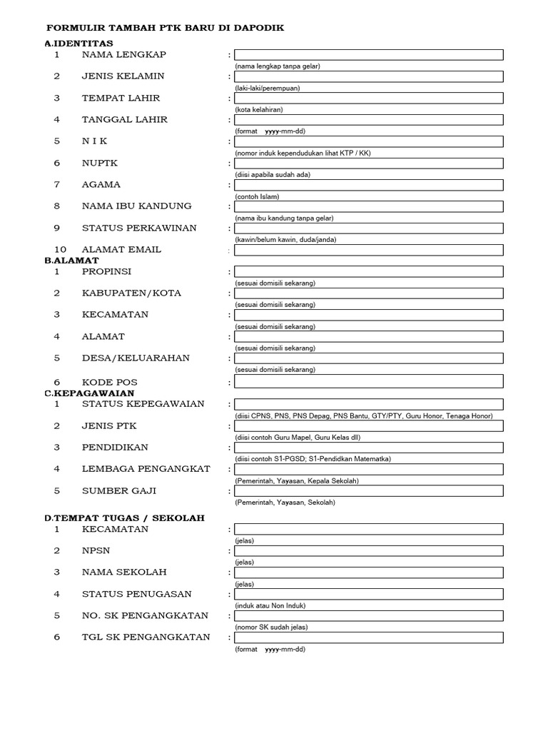 Formulir Tambah PTK Dapodik | PDF