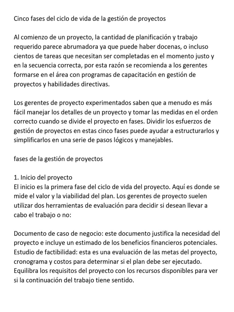 Cinco Fases Del Ciclo de Vida de La Gestión de Proyectos | PDF | Gestión de proyectos ...