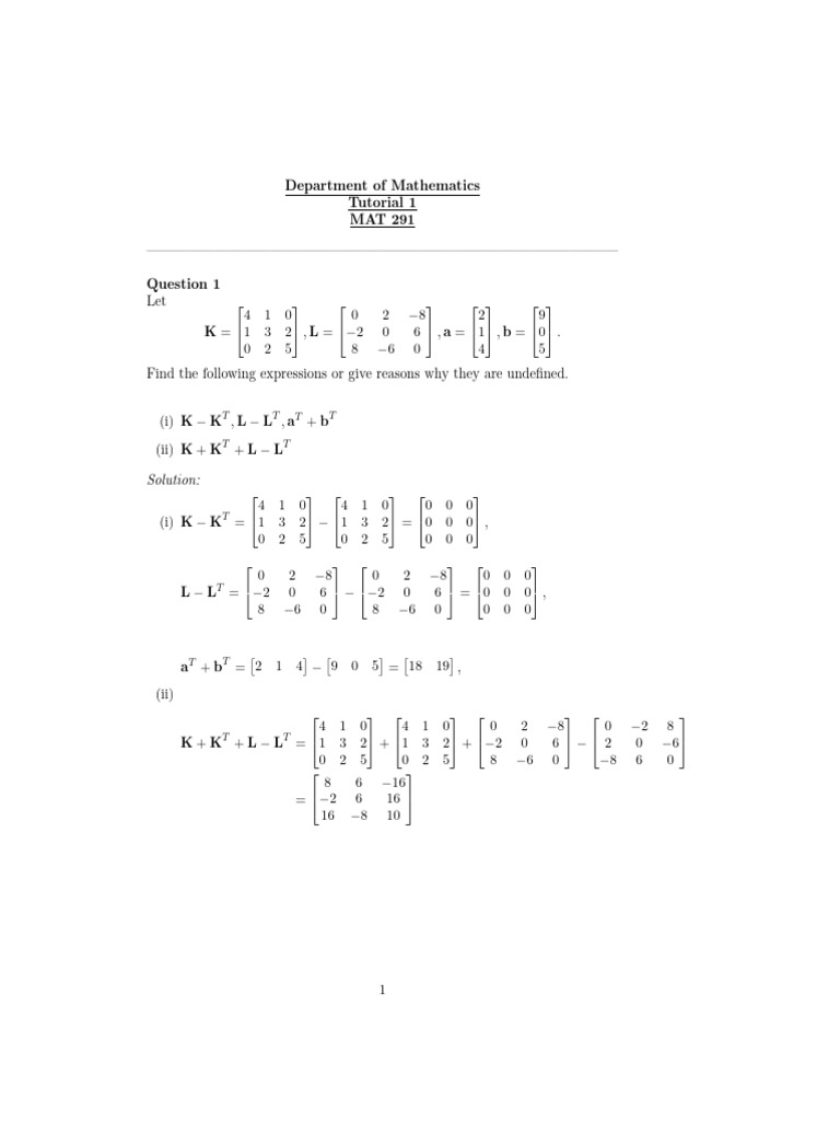 Tutorial 1 Solutions 291 Pdf Eigenvalues And Eigenvectors