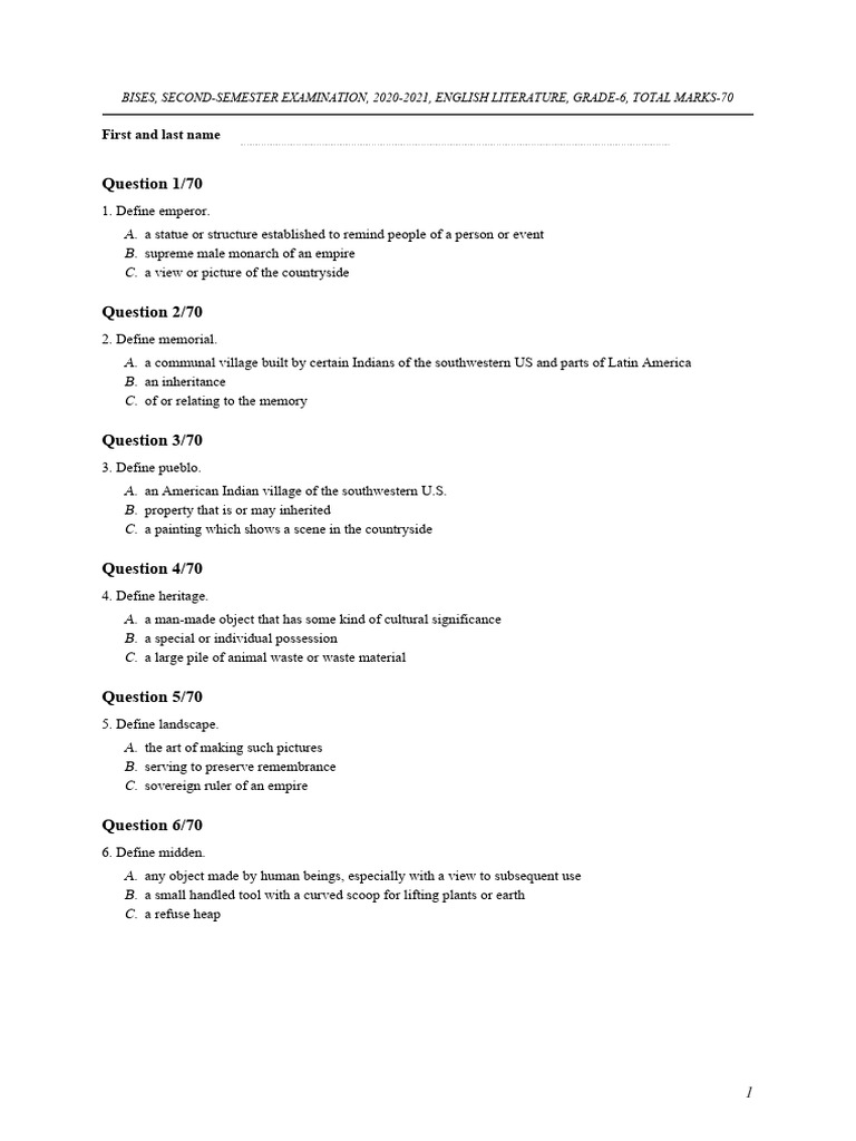 Grade 6 English Literature Exam 2021 | PDF | Cultural Heritage ...