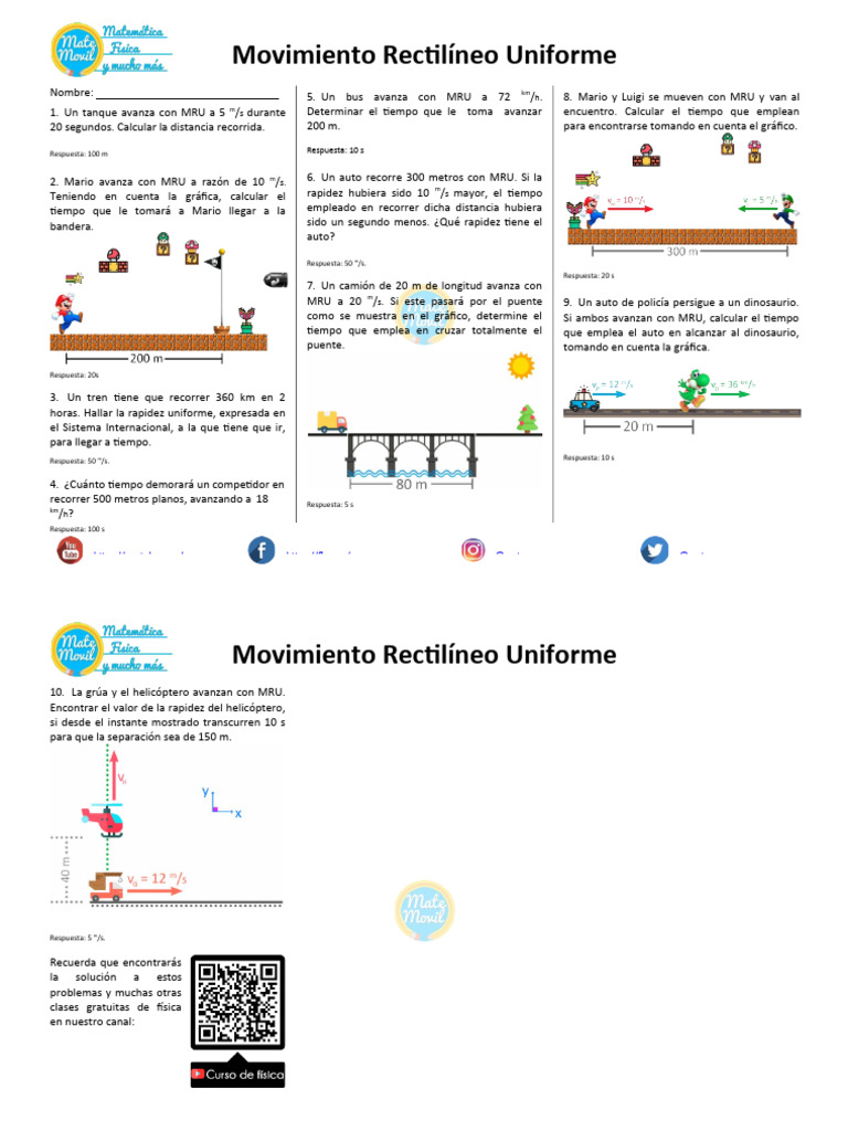 Movimiento Rectilíneo Uniforme MRU - Ejercicios Resueltos PDF | PDF