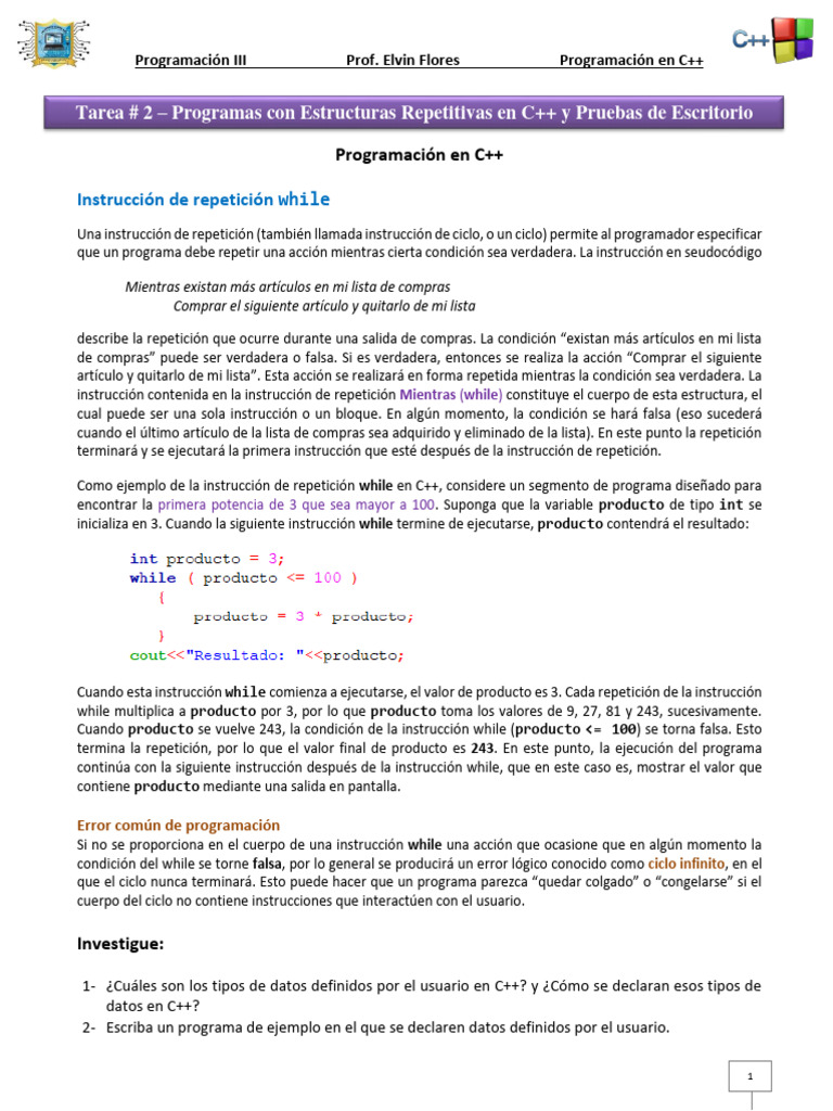 Guía # 2 Prog. III - Programas con Estructuras Repetitivas en C++ y Pruebas de Escritorio | PDF ...